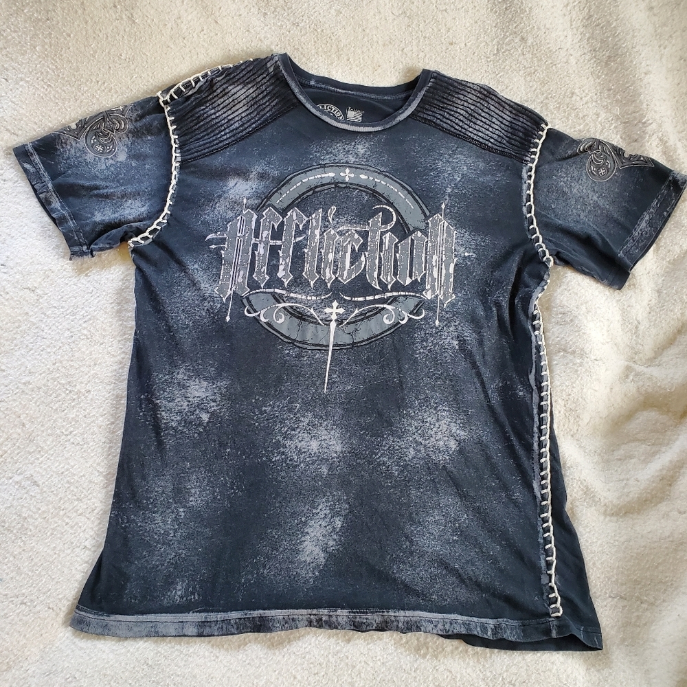 Affliction Live Fast White Stitching Distressed T-Shi… - Gem